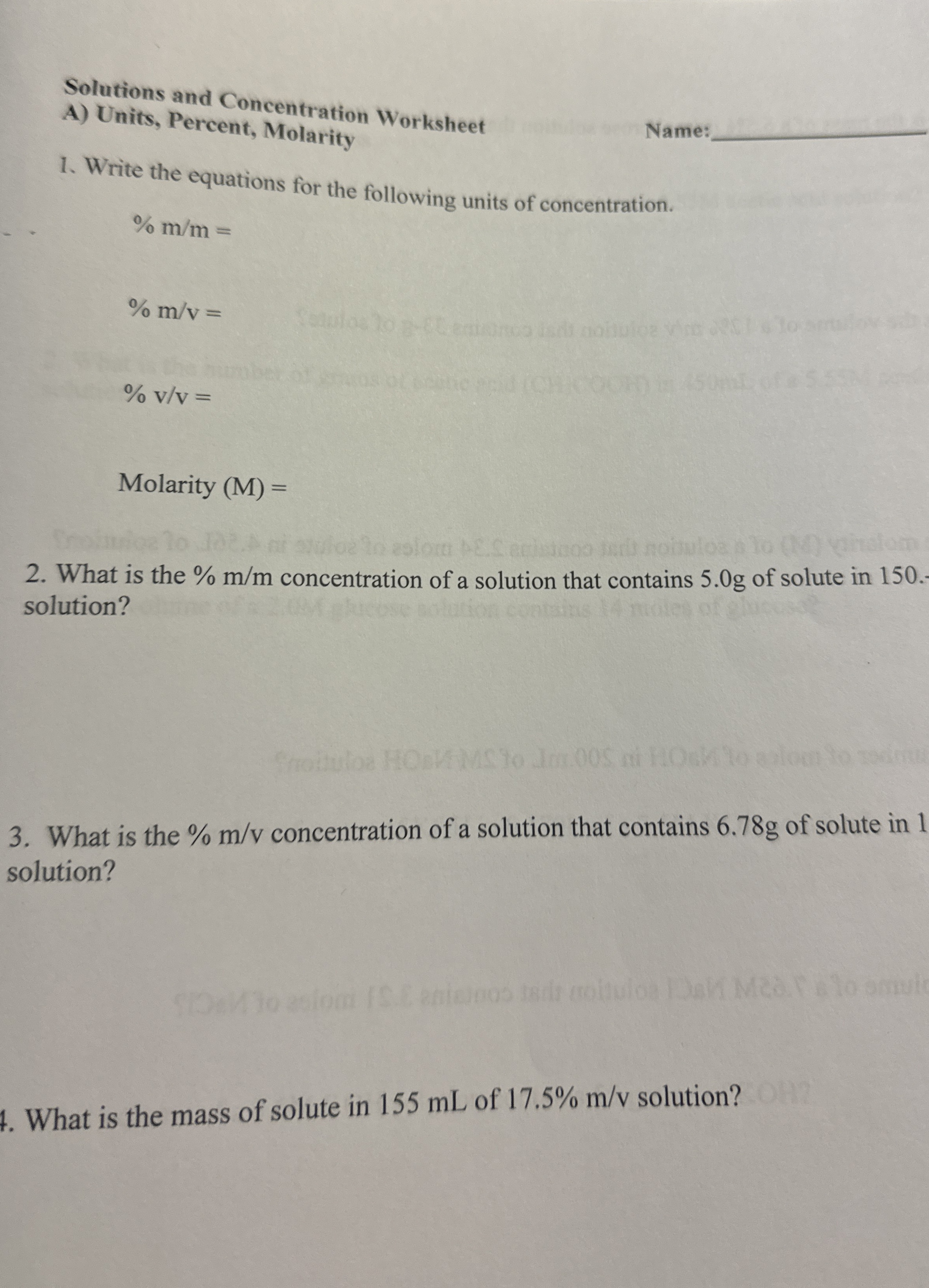 Solved Solutions and Concentration WorksheetA) ﻿Units, | Chegg.com