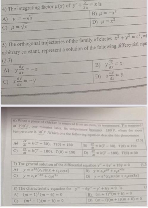 Solved 4) The integrating factor μ(x) of y′+2xy=x is A) μ=−x | Chegg.com