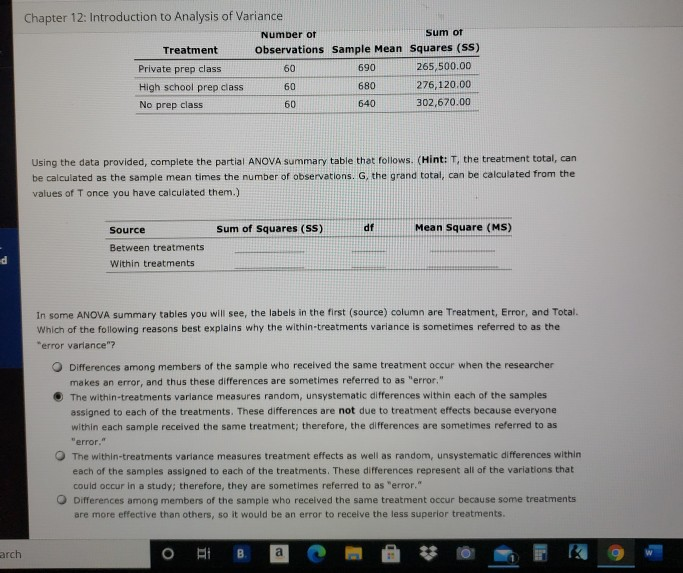 Solved Chapter 12: Introduction to Analysis of Variance | Chegg.com