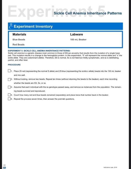 Sickle Cell Anemia Inheritance Patterns EXPERIMENT 5: | Chegg.com
