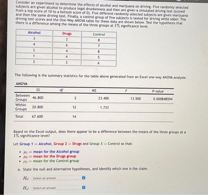 Solved Consider an experiment to determine the effects of | Chegg.com