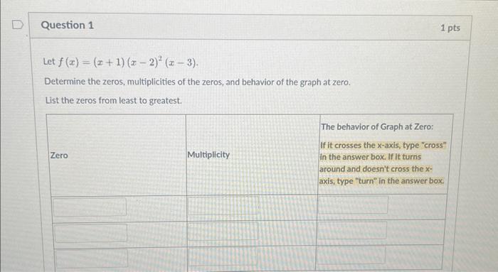 Solved Let f(x)=(x+1)(x−2)2(x−3). Determine the zeros, | Chegg.com