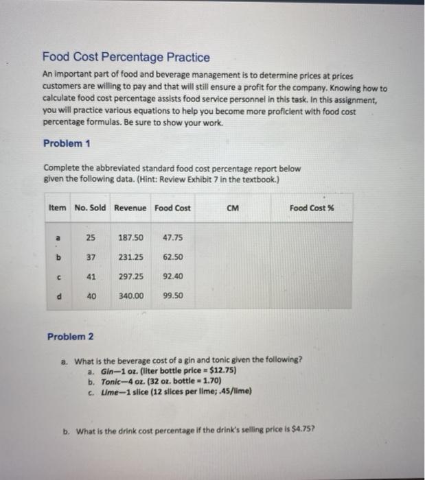 Solved Food Cost Percentage Practice An important part of | Chegg.com