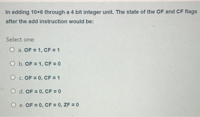 Solved In adding 10+6 through a 4 bit integer unit. The | Chegg.com