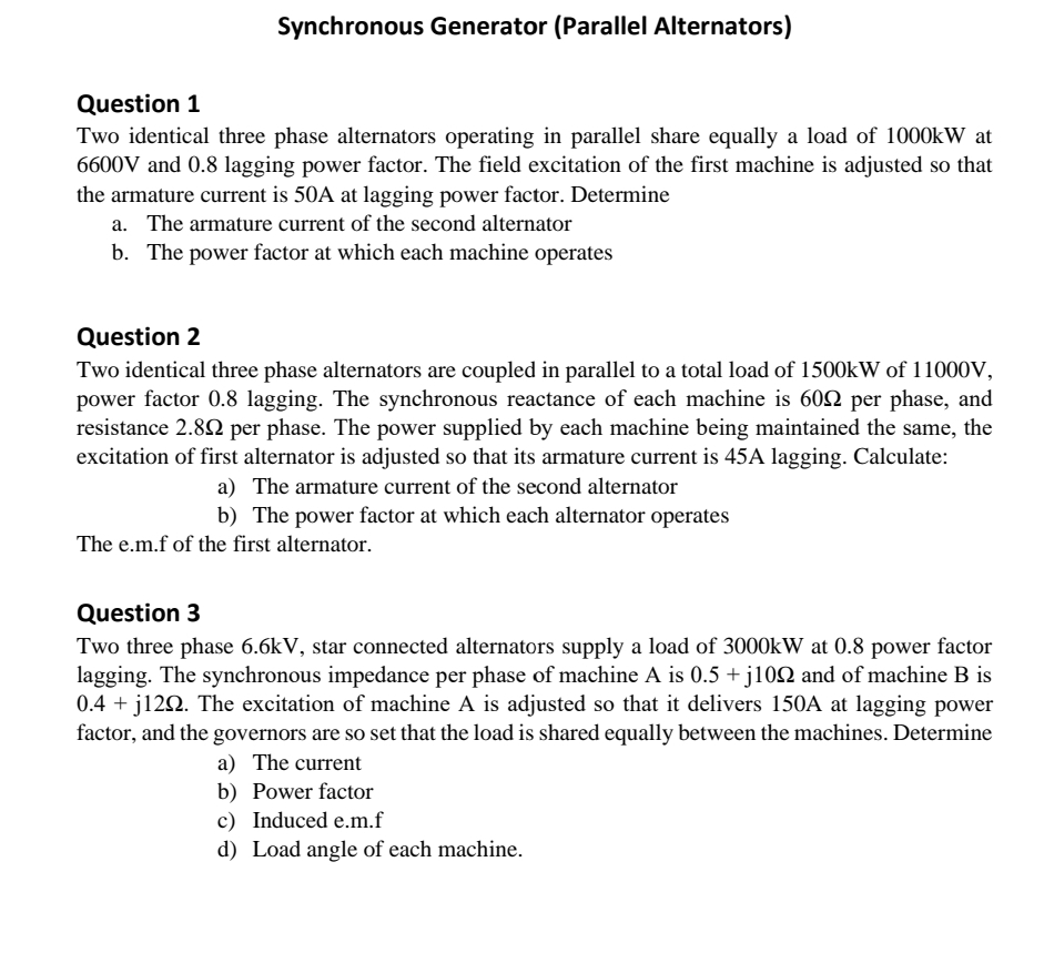 Solved Synchronous Generator (Parallel Alternators)Question | Chegg.com