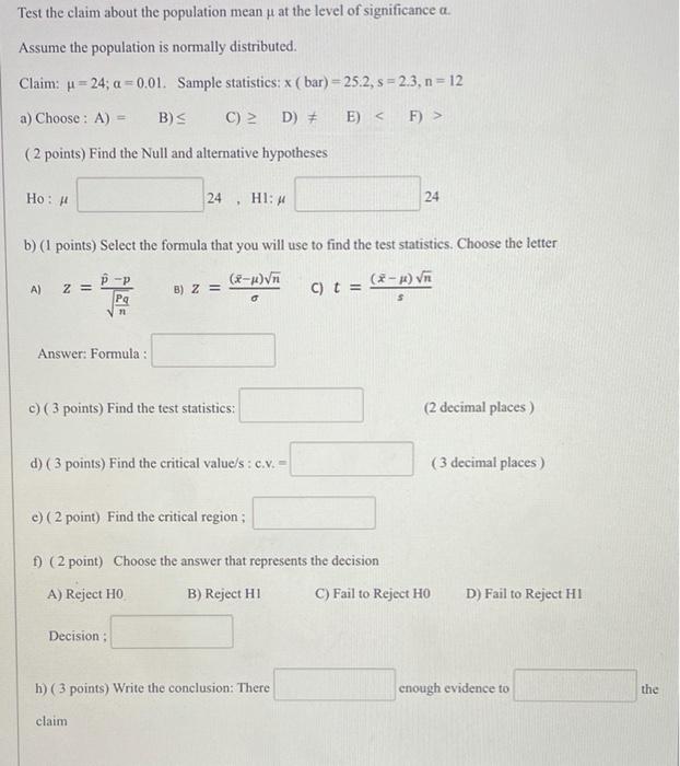 Solved Test the claim about the population mean p at the | Chegg.com