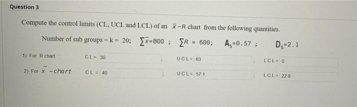 Solved Question 3 Compute The Control Limits Cl Ucl And