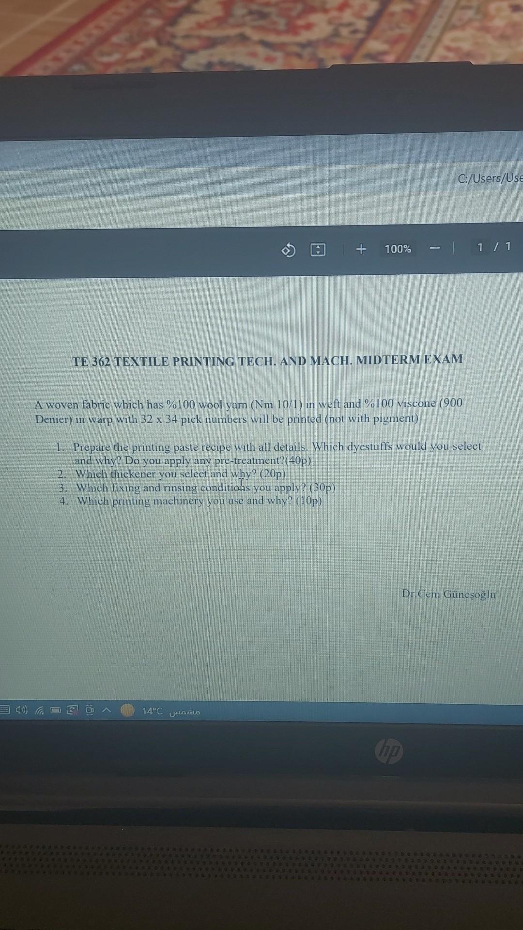 Solved TE 362 TEXTILE PRINTING TECH. AND MACH. MIDTERM EXAM | Chegg.com