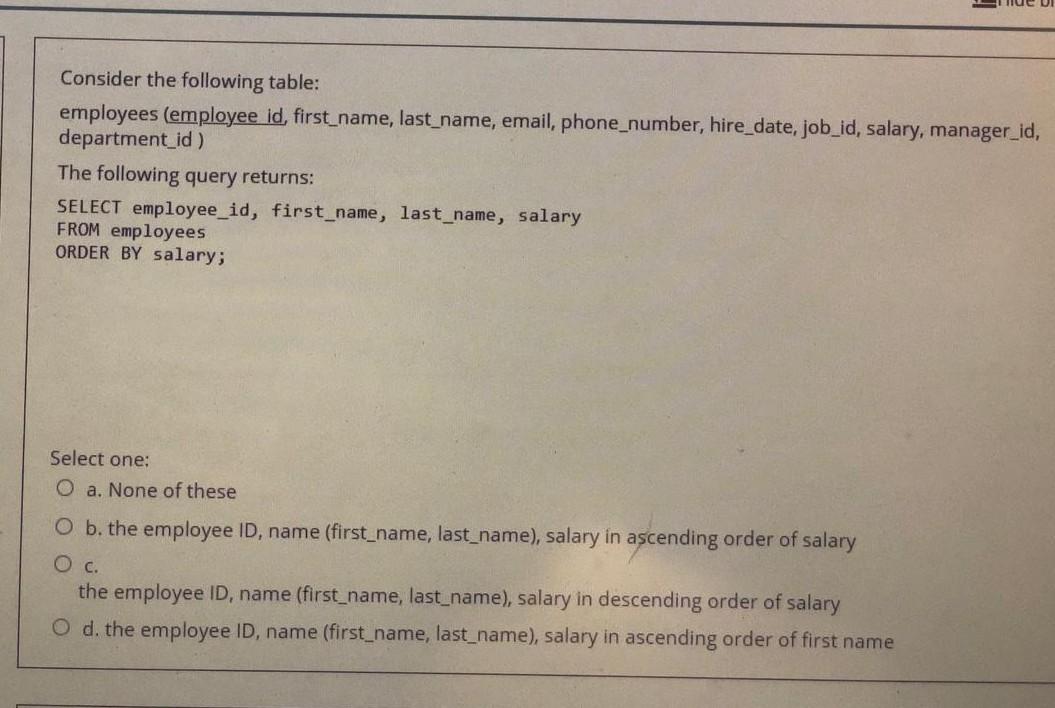 Solved Consider the following table: employees (employee id, | Chegg.com
