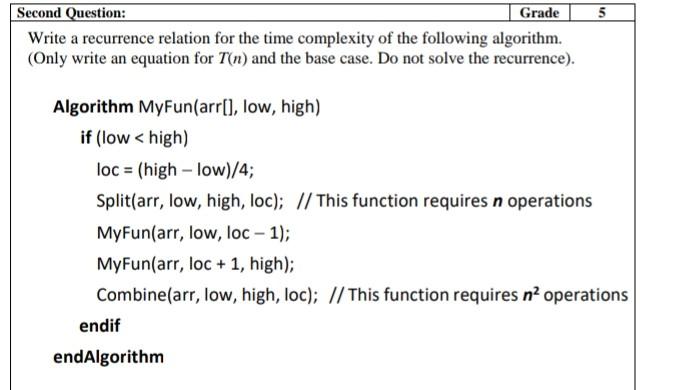 Solved 5 Second Question: Grade Write a recurrence relation | Chegg.com