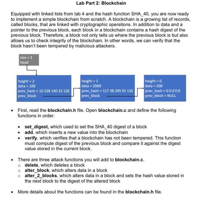 C language First, read the blockchain.h file. Open | Chegg.com