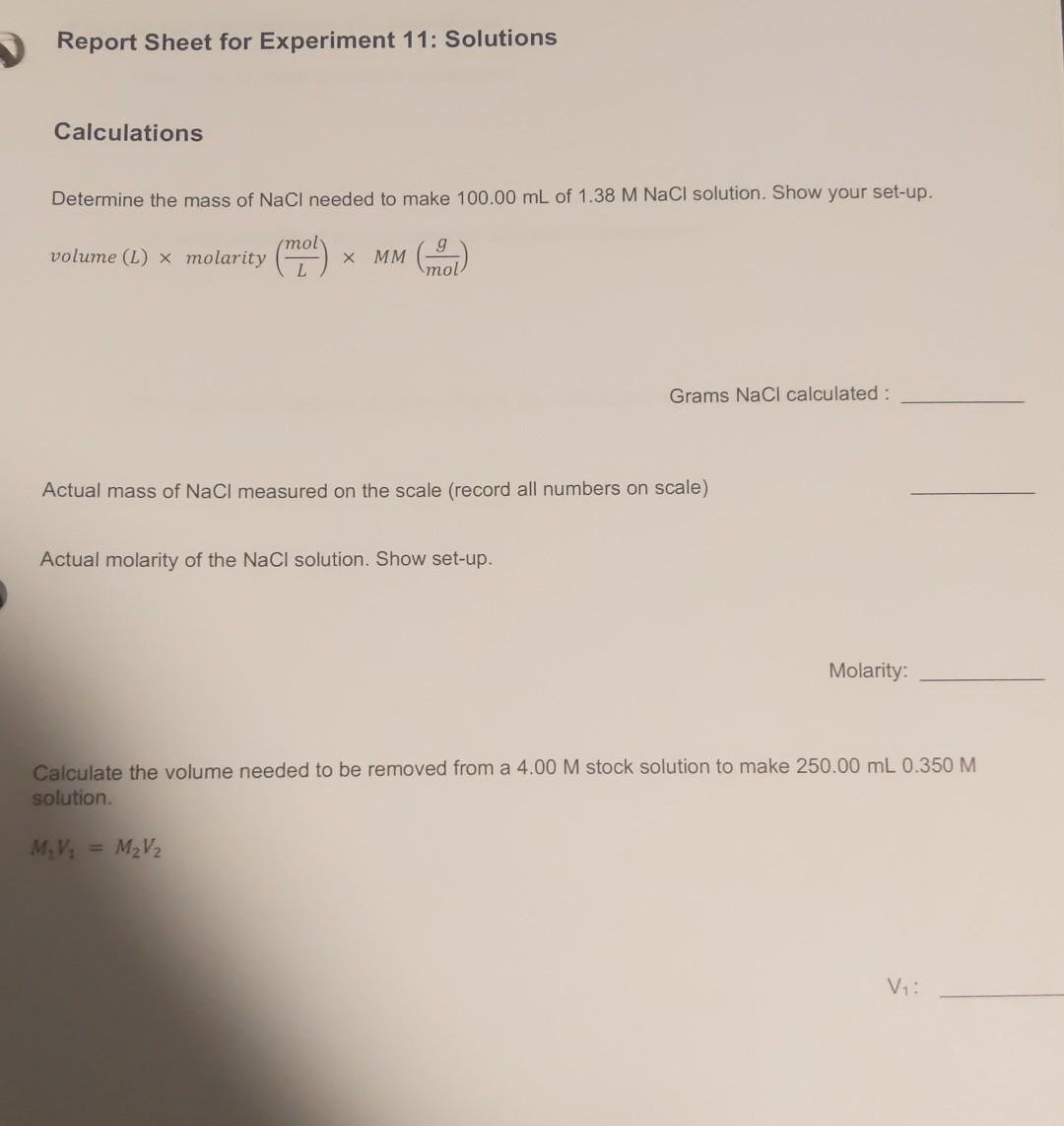 Solved calculations: Determine the mass of NaCI needed to | Chegg.com