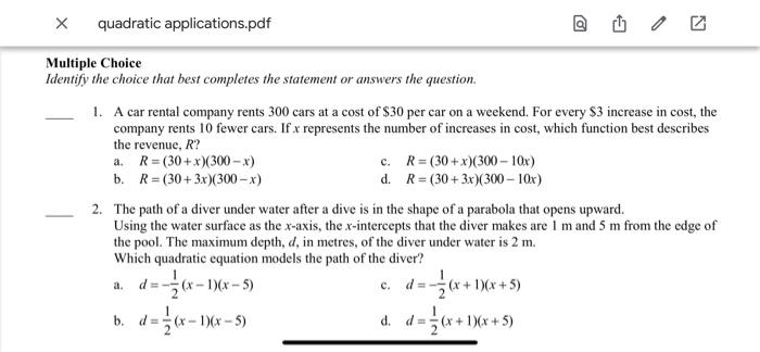 Solved х quadratic applications.pdf Multiple Choice Identify | Chegg.com