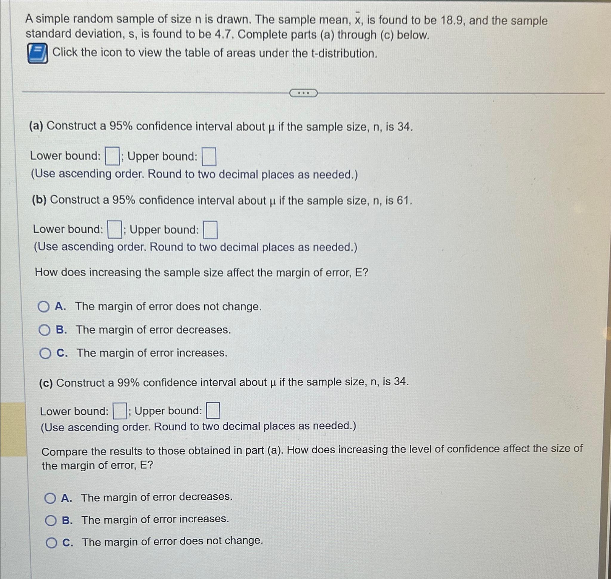 A simple random sample of size n ﻿is drawn. The | Chegg.com