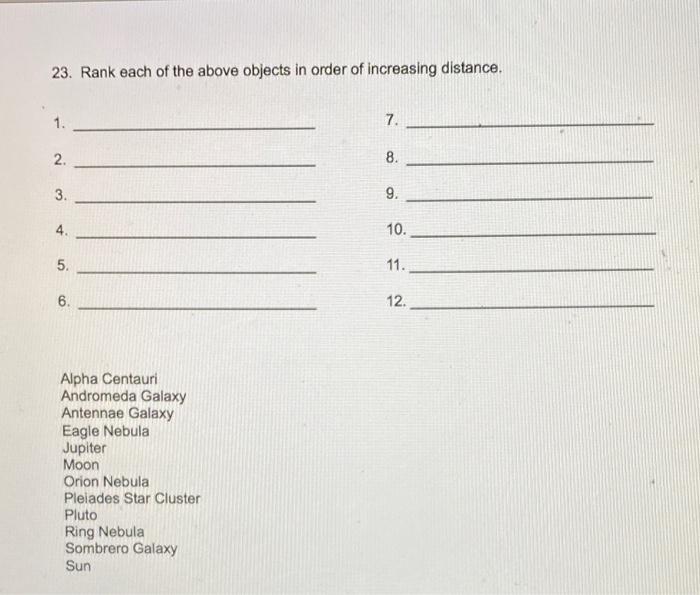 Solved 23. Rank each of the above objects in order of | Chegg.com