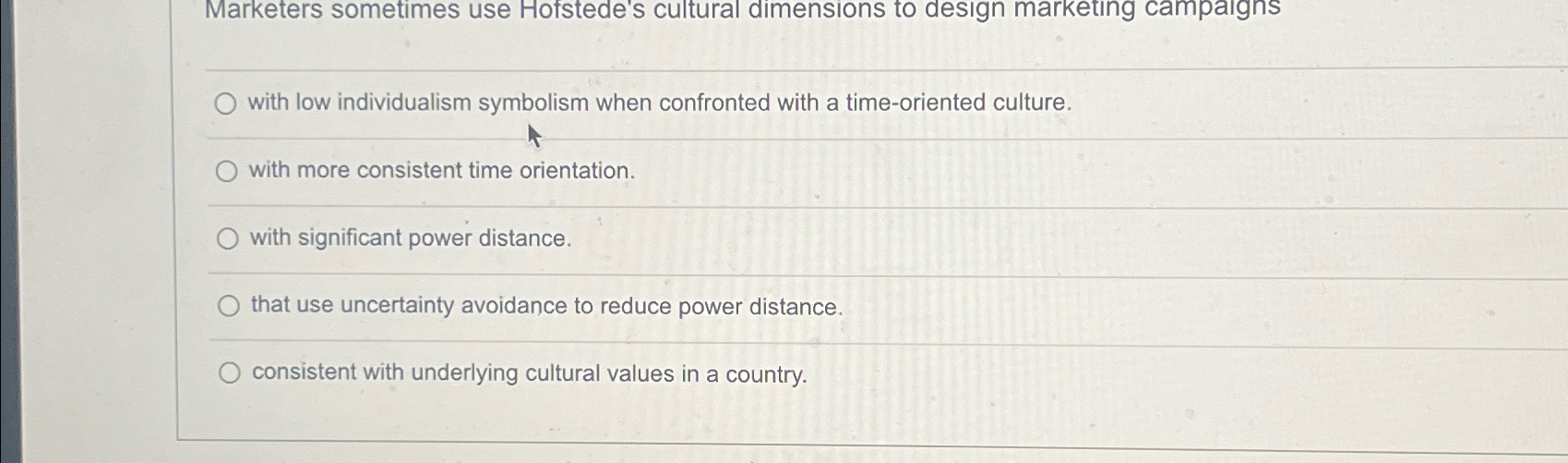 Solved Marketers sometimes use Hotstede's cultural | Chegg.com