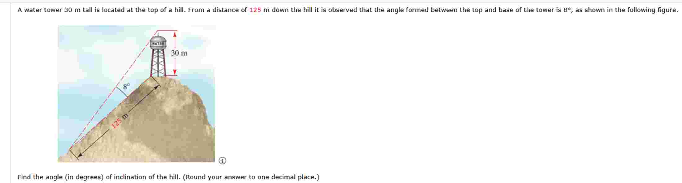 Solved A tower 30m tall is located at the top of a hill. | Chegg.com