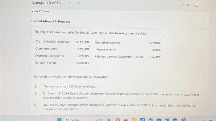 Solved Current Attempt in Progress The ledger of Crane | Chegg.com