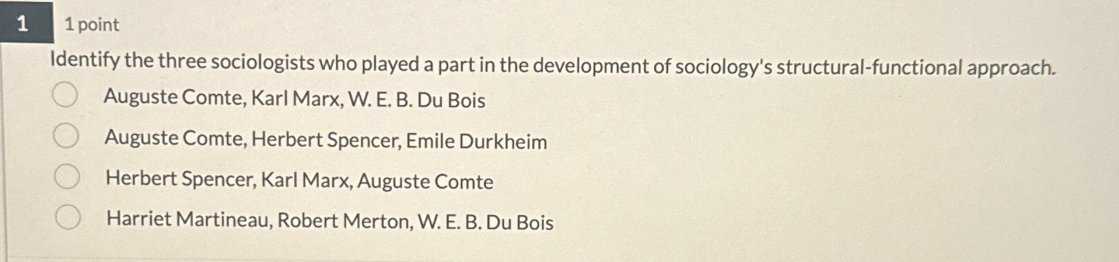 Solved 11 ﻿pointIdentify the three sociologists who played a | Chegg.com