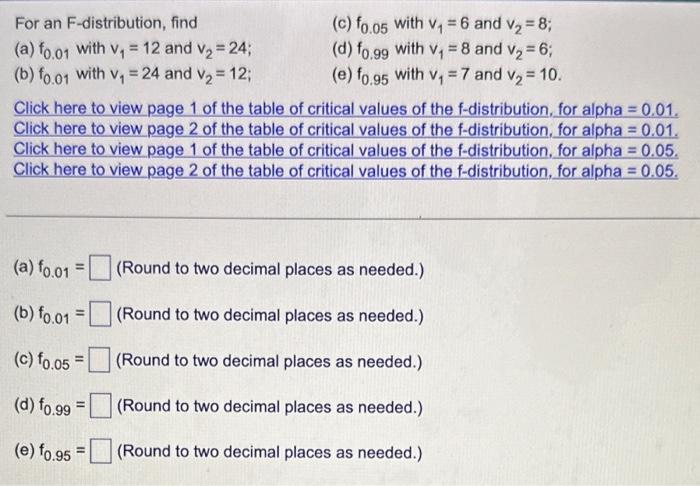 Solved For an F-distribution, find (c) f0.05 with v1=6 and | Chegg.com