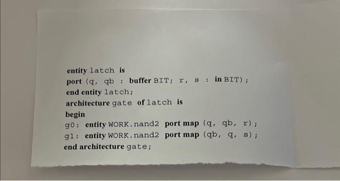 Solved entity latch is port (q, qb : buffer BIT ; r,s : in | Chegg.com