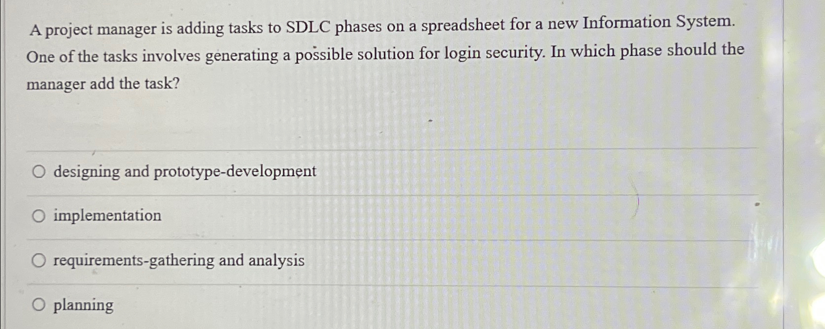 Solved A project manager is adding tasks to SDLC phases on a | Chegg.com