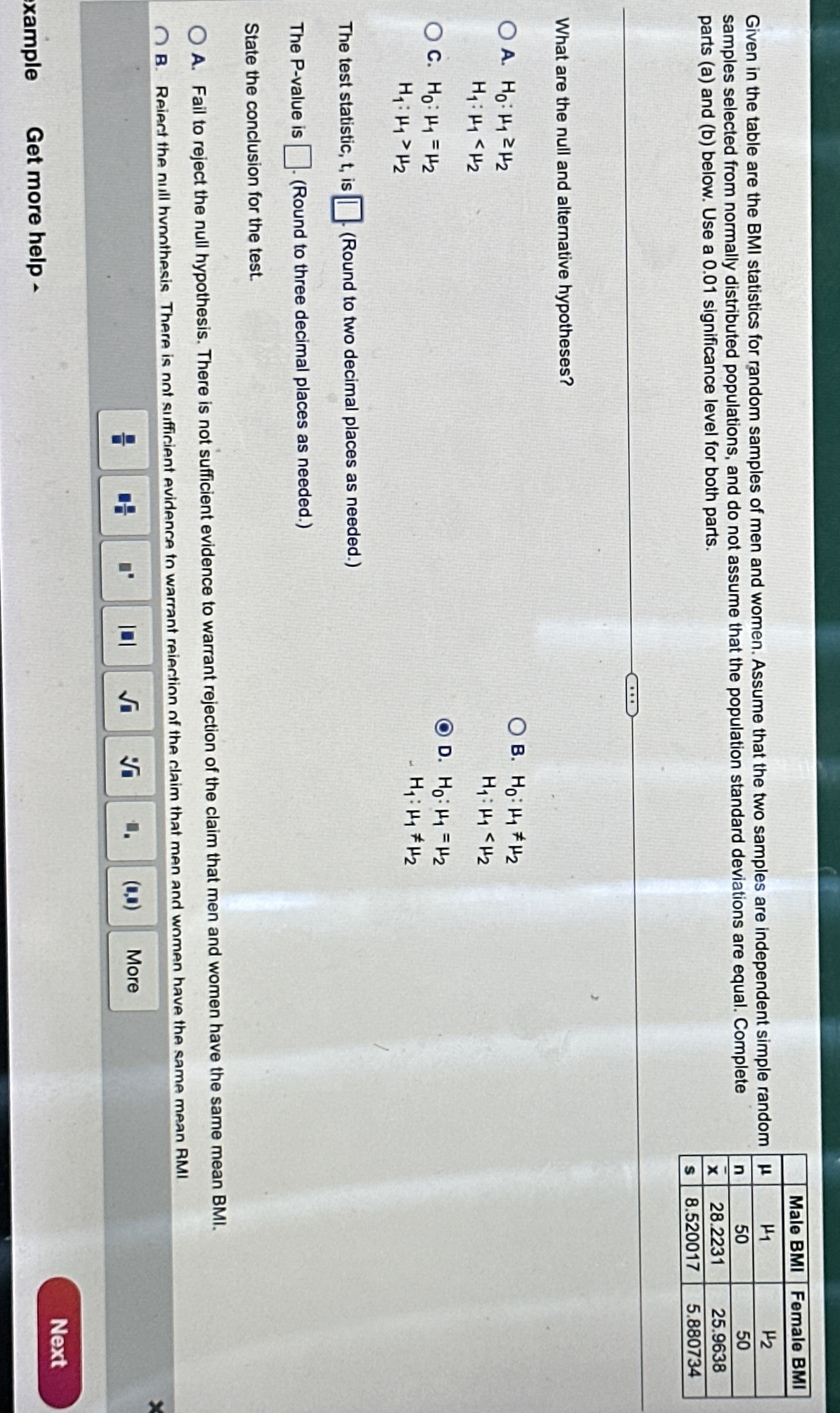 Solved Given in the table are the BMI statistics for random | Chegg.com