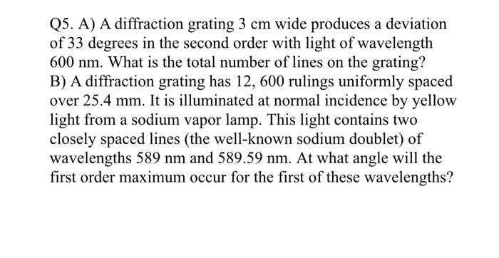 Solved Q5. A) A diffraction grating 3 cm wide produces a | Chegg.com