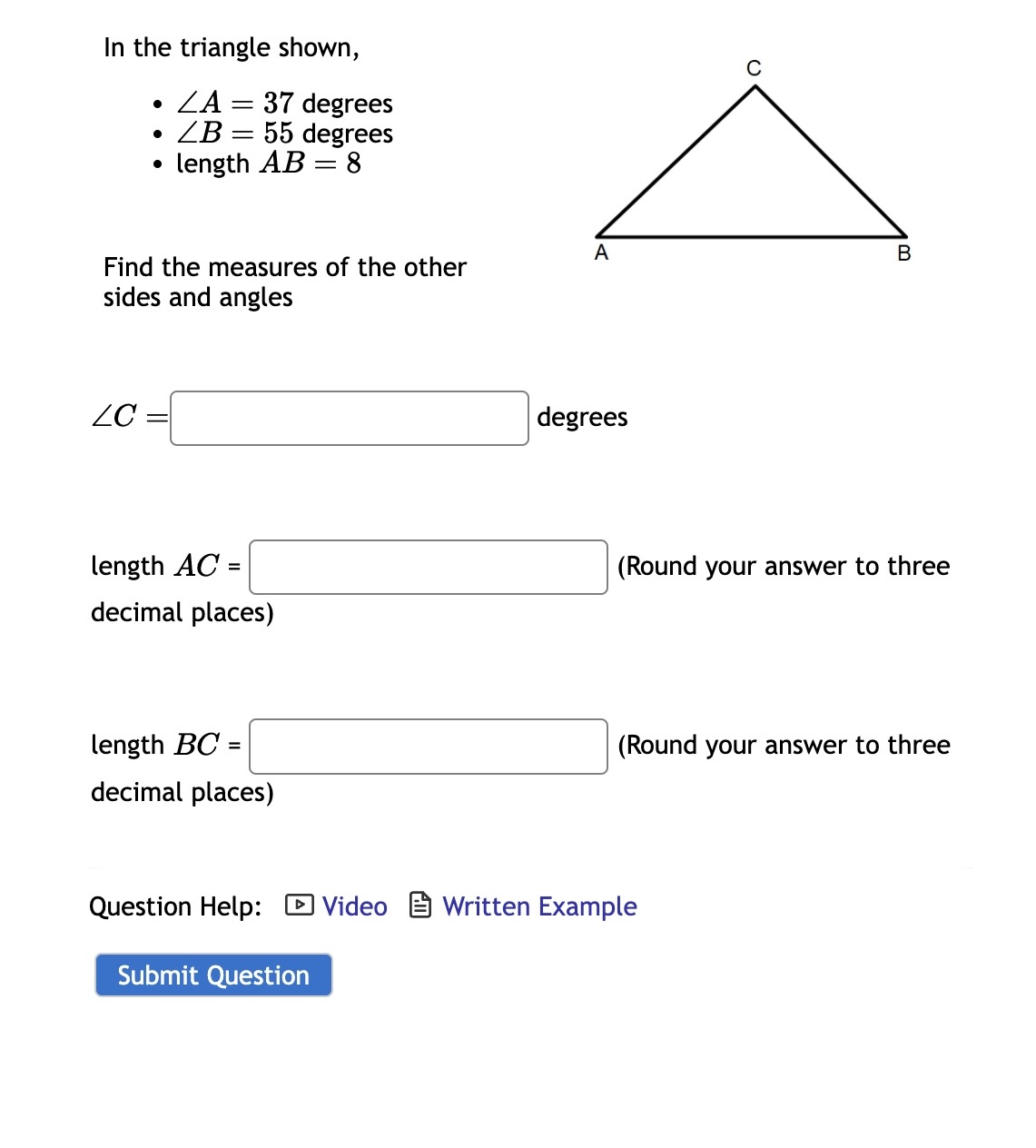 Solved In the triangle shown,??A=37 ﻿degrees??B=55 | Chegg.com