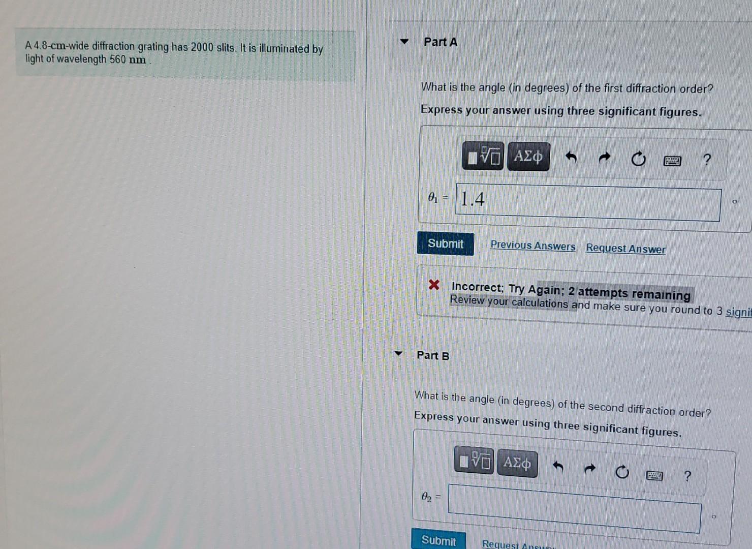 Solved Part A A4.8-cm-wide diffraction grating has 2000 | Chegg.com