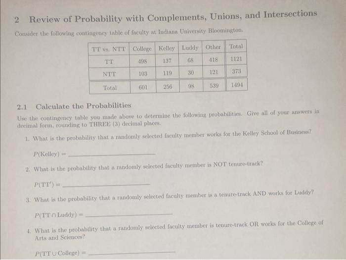 Solved 2 Review of Probability with Complements, Unions, and | Chegg.com