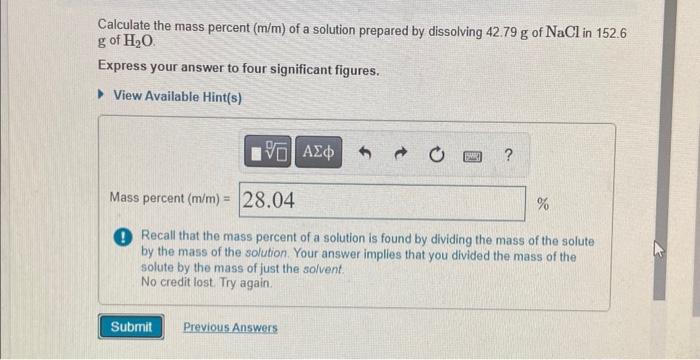 Solved Calculate the mass percent (m/m) of a solution | Chegg.com
