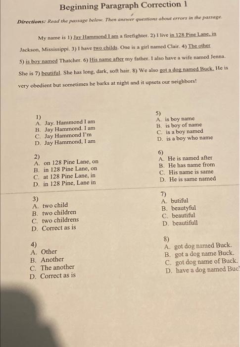 Solved Beginning Paragraph Correction 1 Directions: Read the | Chegg.com