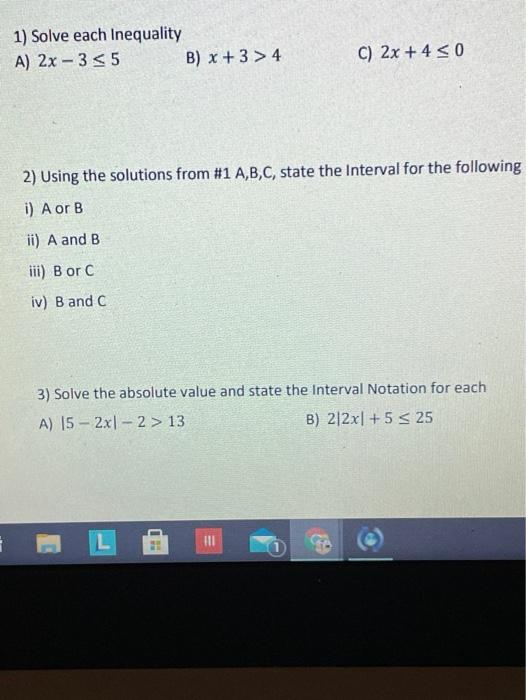 Solved 1) Solve each Inequality A) 2x - 3 4 C) 2x | Chegg.com