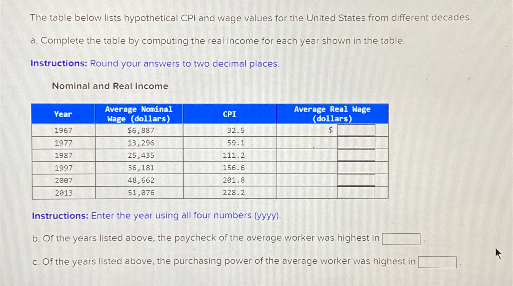 Solved The table below lists hypothetical CPI and wage | Chegg.com