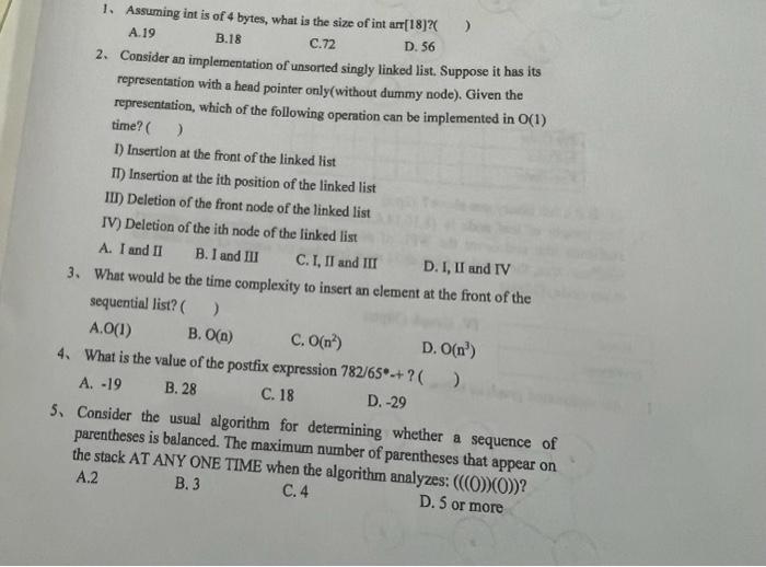 Solved 1 Assuming Int Is Of 4 Bytes What Is The Size Of 