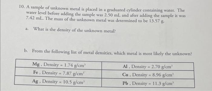Solved 10. A sample of unknown metal is placed in a | Chegg.com