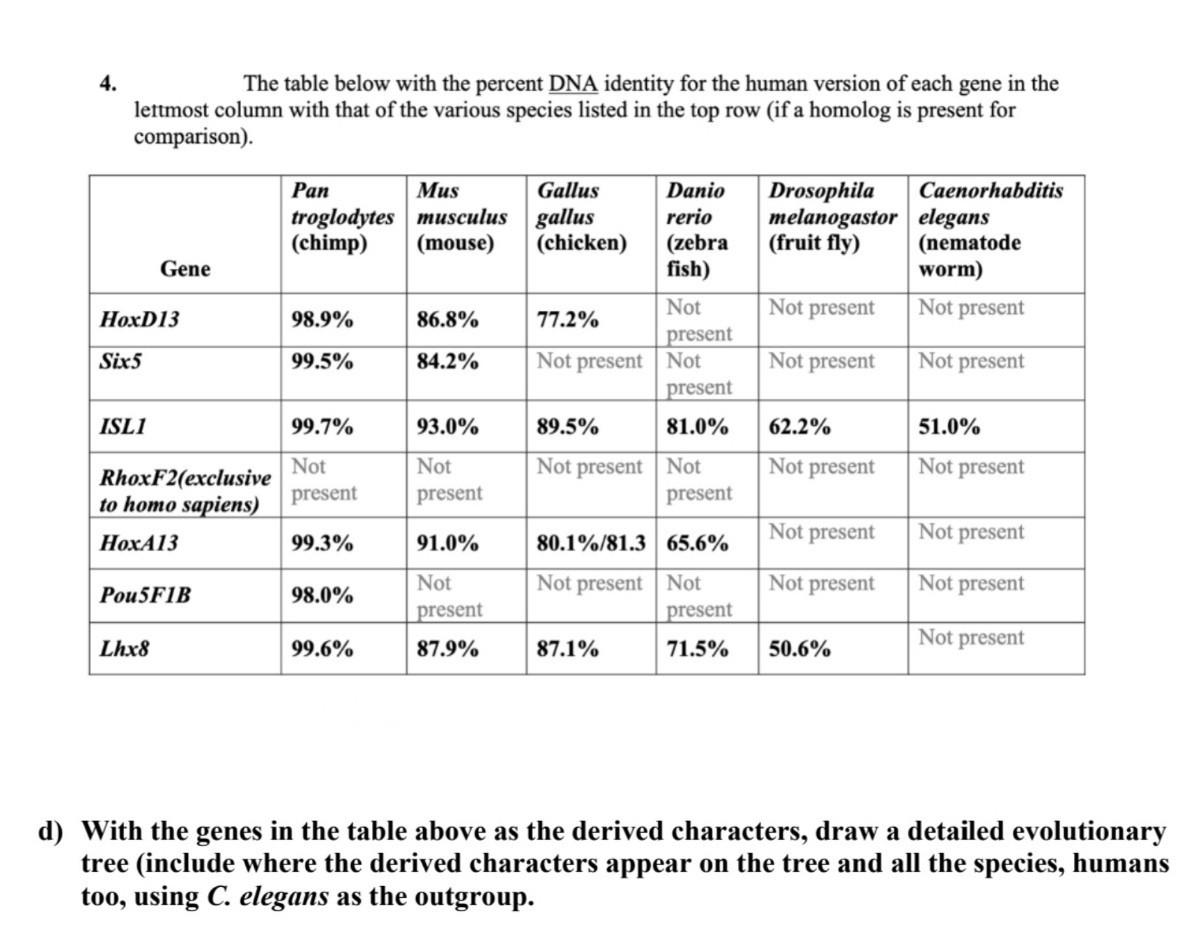 4. The table below with the percent DNA identity for | Chegg.com