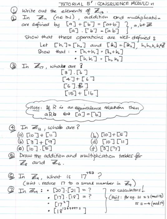 Solved TUTORIAL 5': CONGRUENCE MODULO n (1) Write out the | Chegg.com