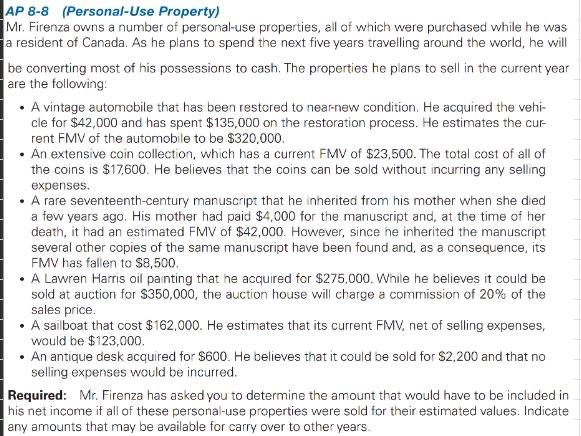 Solved AP 8-8 (Personal-Use Property) Mr. Firenza owns a | Chegg.com