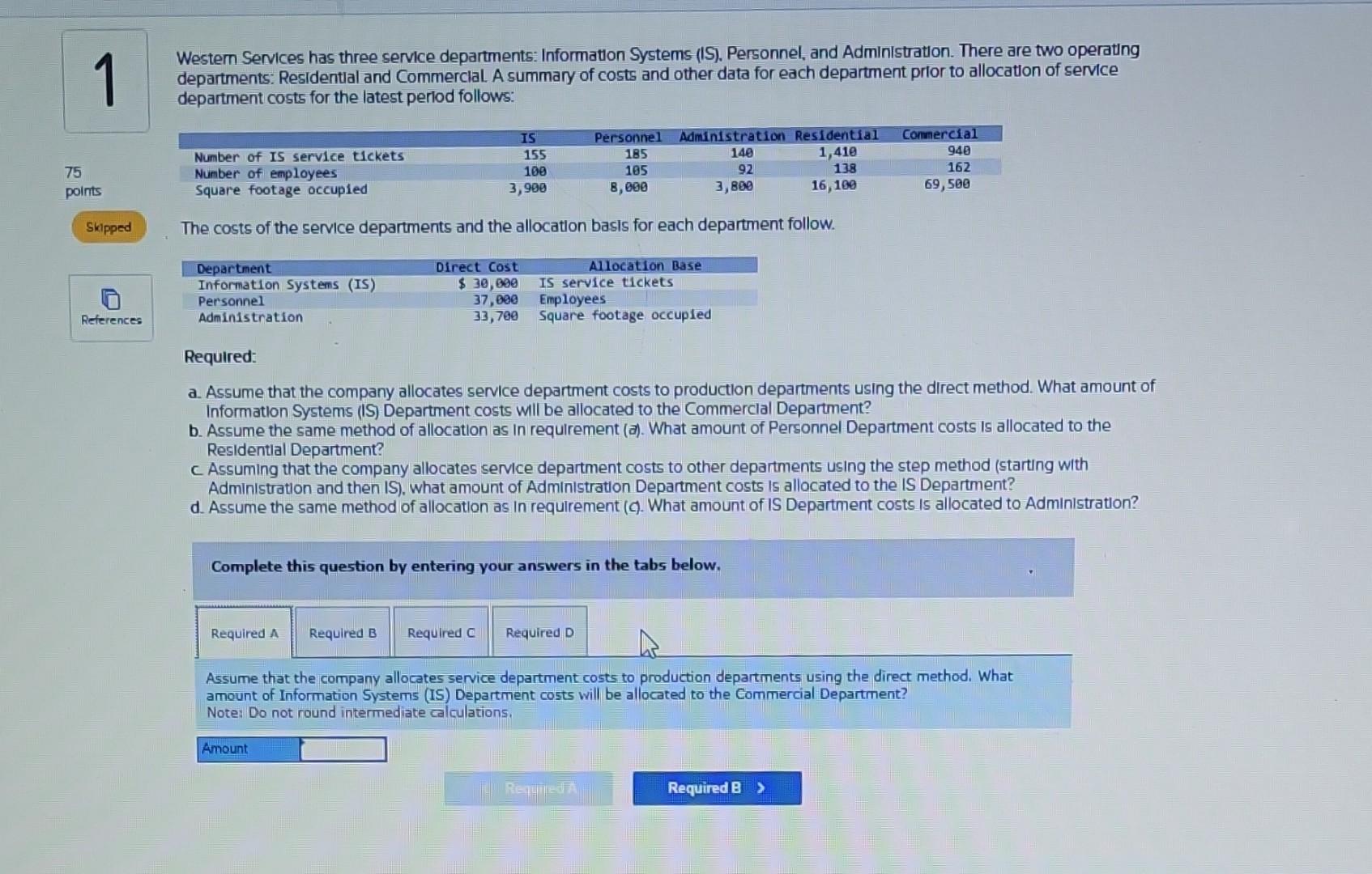 Solved Western Services has three service departments: | Chegg.com