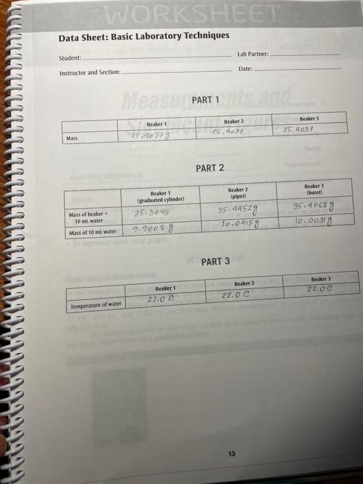 Solved Data Sheet: Basic Laboratory Techniques PART 1 M. | Chegg.com