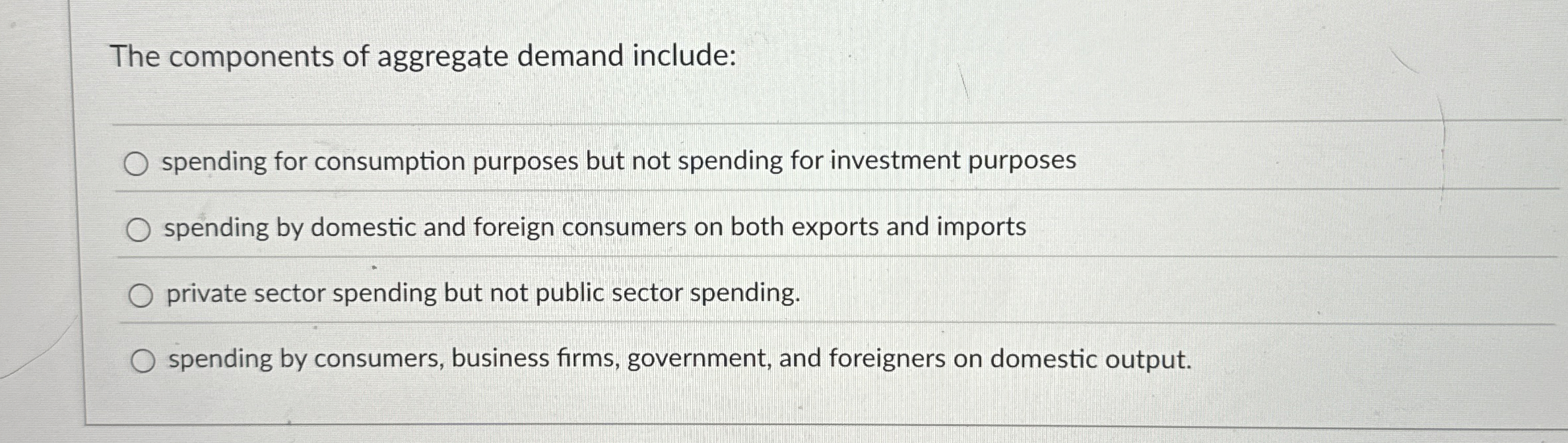 Solved The components of aggregate demand include:spending | Chegg.com