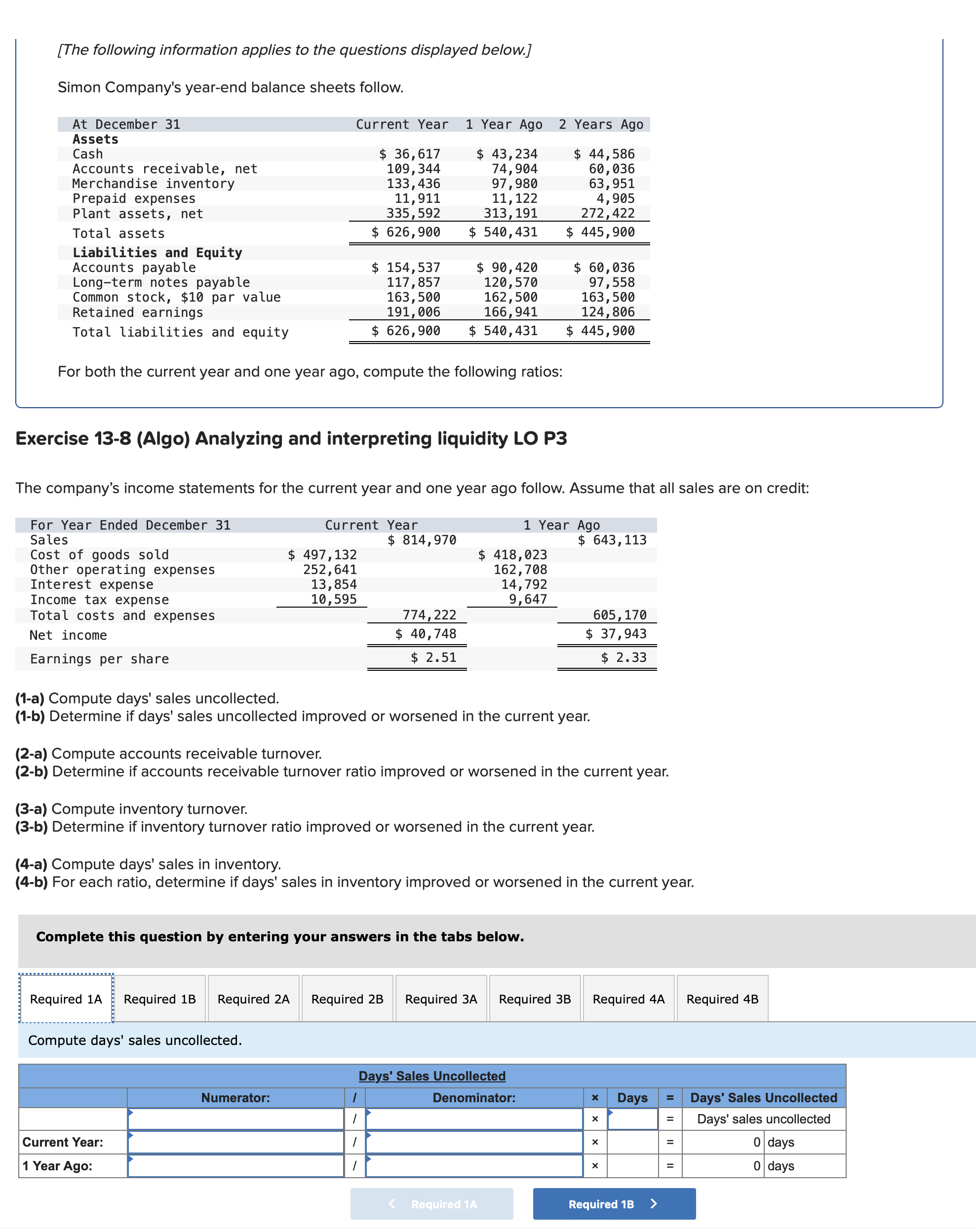 Solved Exercise 13-8 (Algo) ﻿Analyzing and interpreting | Chegg.com