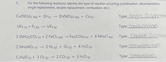 Solved 3. For the following reactions, identify the type of | Chegg.com