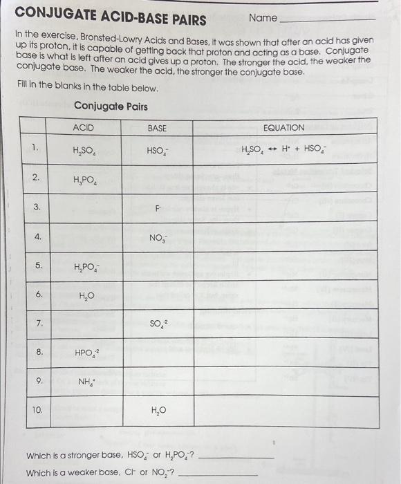 Solved CONJUGATE ACID-BASE PAIRS Name In the exercise, | Chegg.com