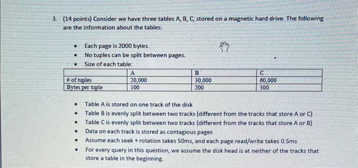 Solved 3. (14 points) Consider we have three tables A, B, C, | Chegg.com