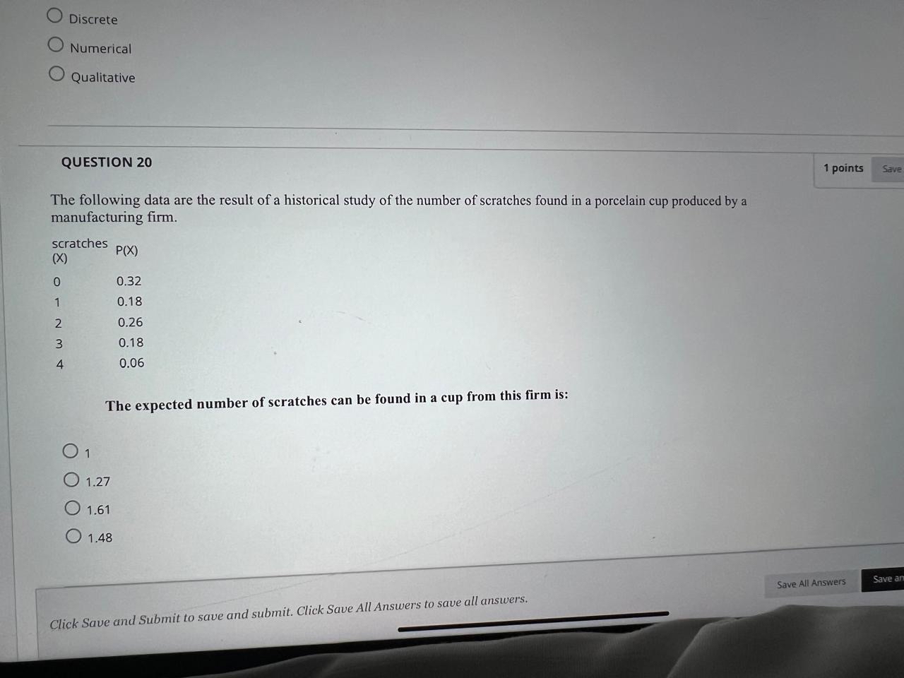 Solved DiscreteNumericalQualitativeQUESTION 201 ﻿pointsThe | Chegg.com