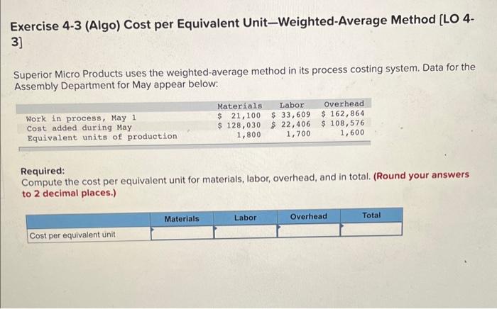 Solved Exercise 4-3 (Algo) Cost per Equivalent | Chegg.com