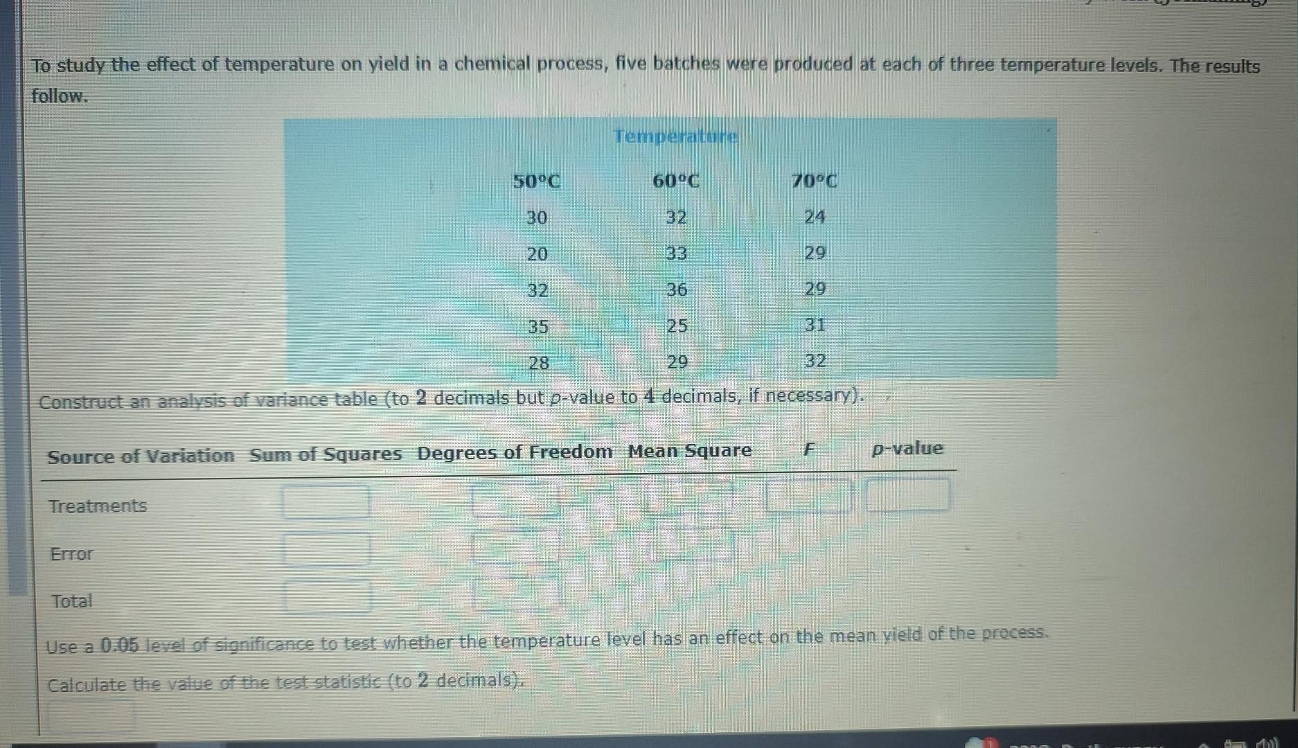 Solved To study the effect of temperature on yield in a | Chegg.com